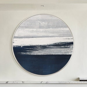 Silver Navy Round Painting Framed Wall Art Minimalist Art Textured ...