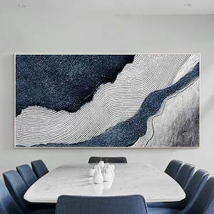 Navy Blue Gray Abstract Ocean Painting Horiztonal Dark Blue 3D Plaster Textured Art Original ...