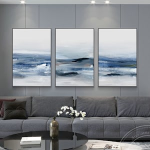 Set of 3 Framed Wall Art Abstract Steel Blue White Seascape - Etsy