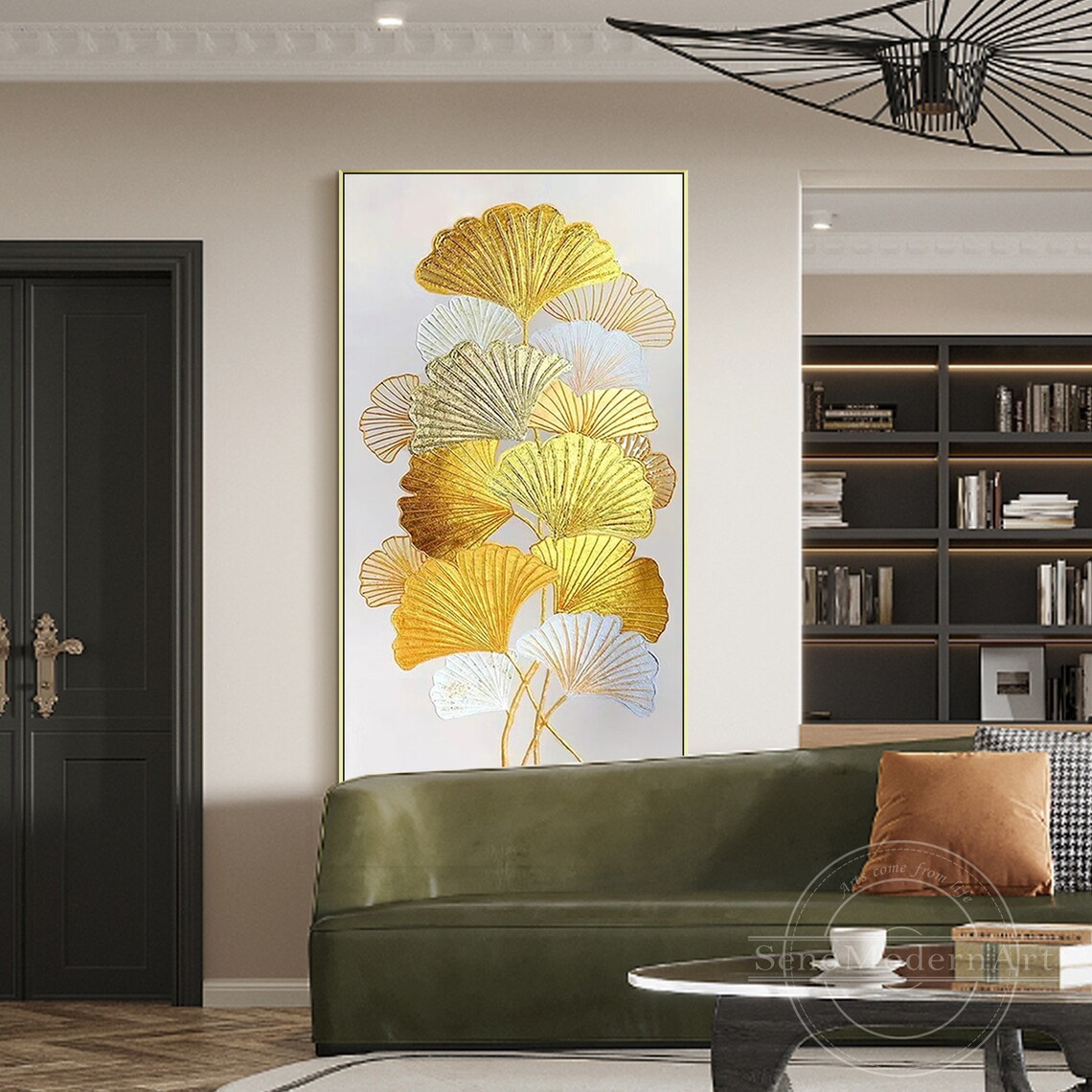 Gold Ginkgo Leaves Painting Hand Painted Textured Art White - Etsy