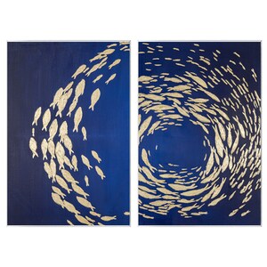 Set of 2 Blue Gold Foil Fish Abstract Painting Original School Fish ...