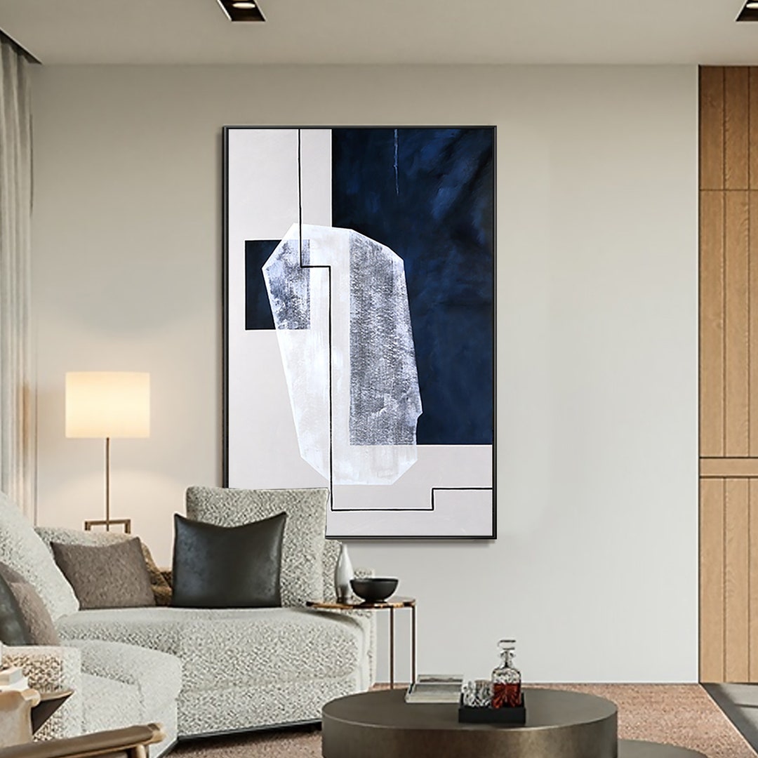 Navy Blue Geometric Painting Dark Blue Rectangle White Abstract Wall ...