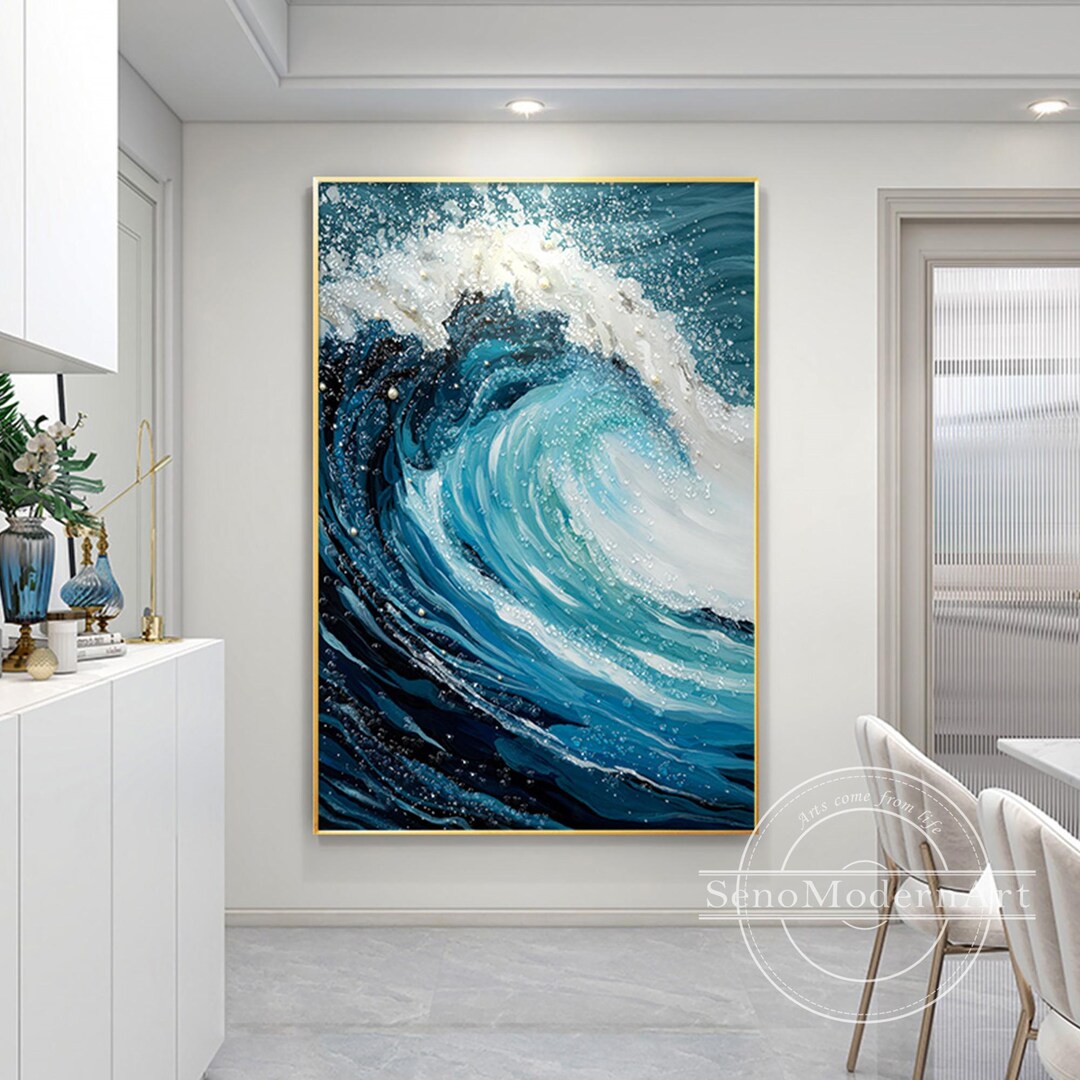 Teal Ocean Wave Resin Painting, Coastal Geode Wall Art, Pearl Textured ...