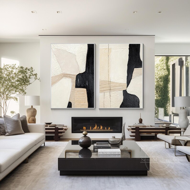 Abstract Beige & Black Plaster Art Set: 3D Texture, Wabi Sabi Painting ...