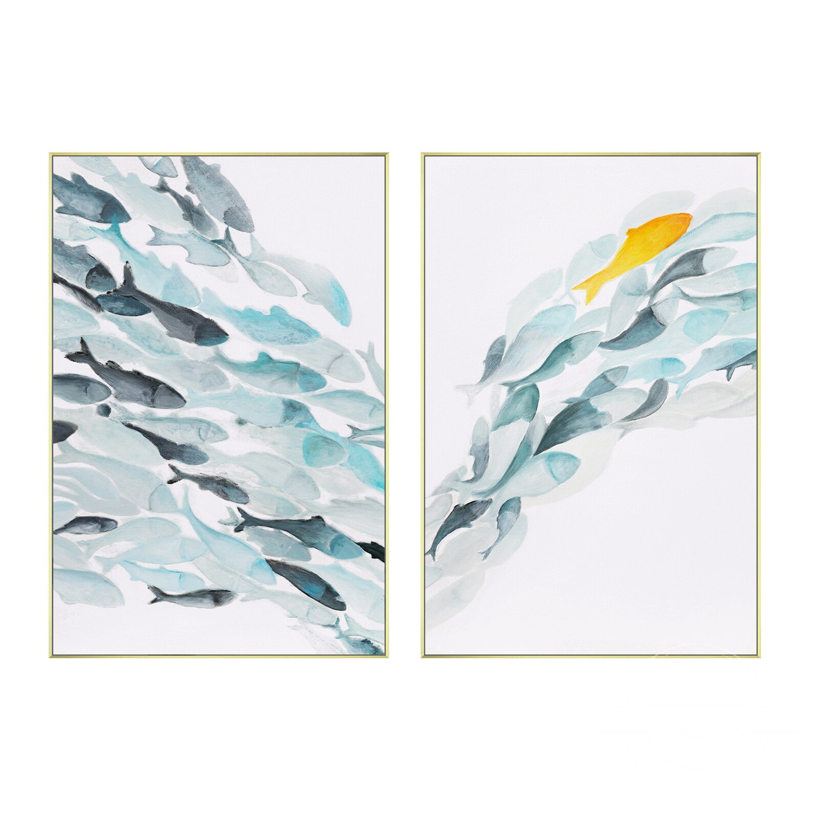 Set of 2 Light Blue Swimming Fish Hand-painted Wall Art Minimalist ...