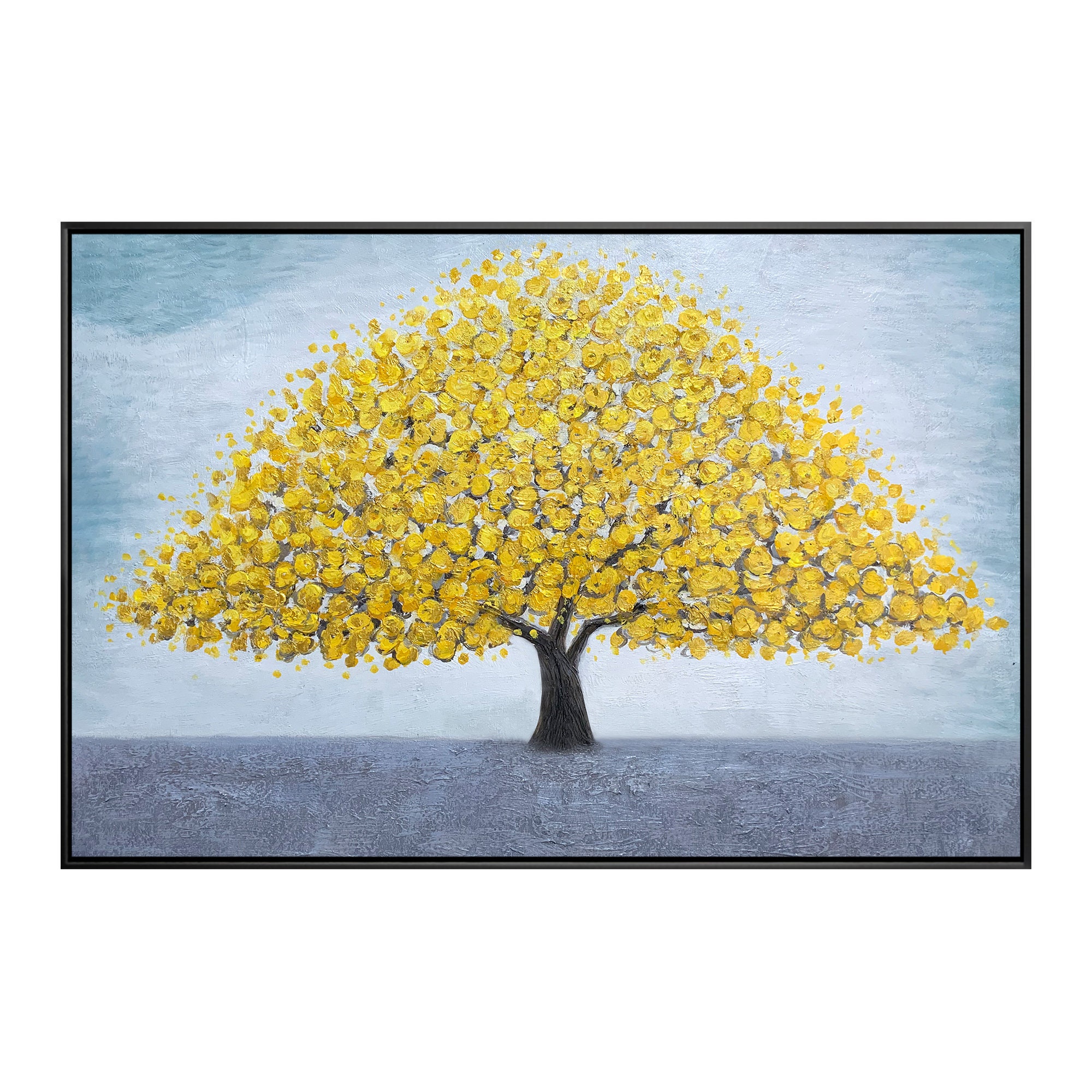 Yellow Tree Painting Textured Art Teal Gray Abstract Original Oil ...