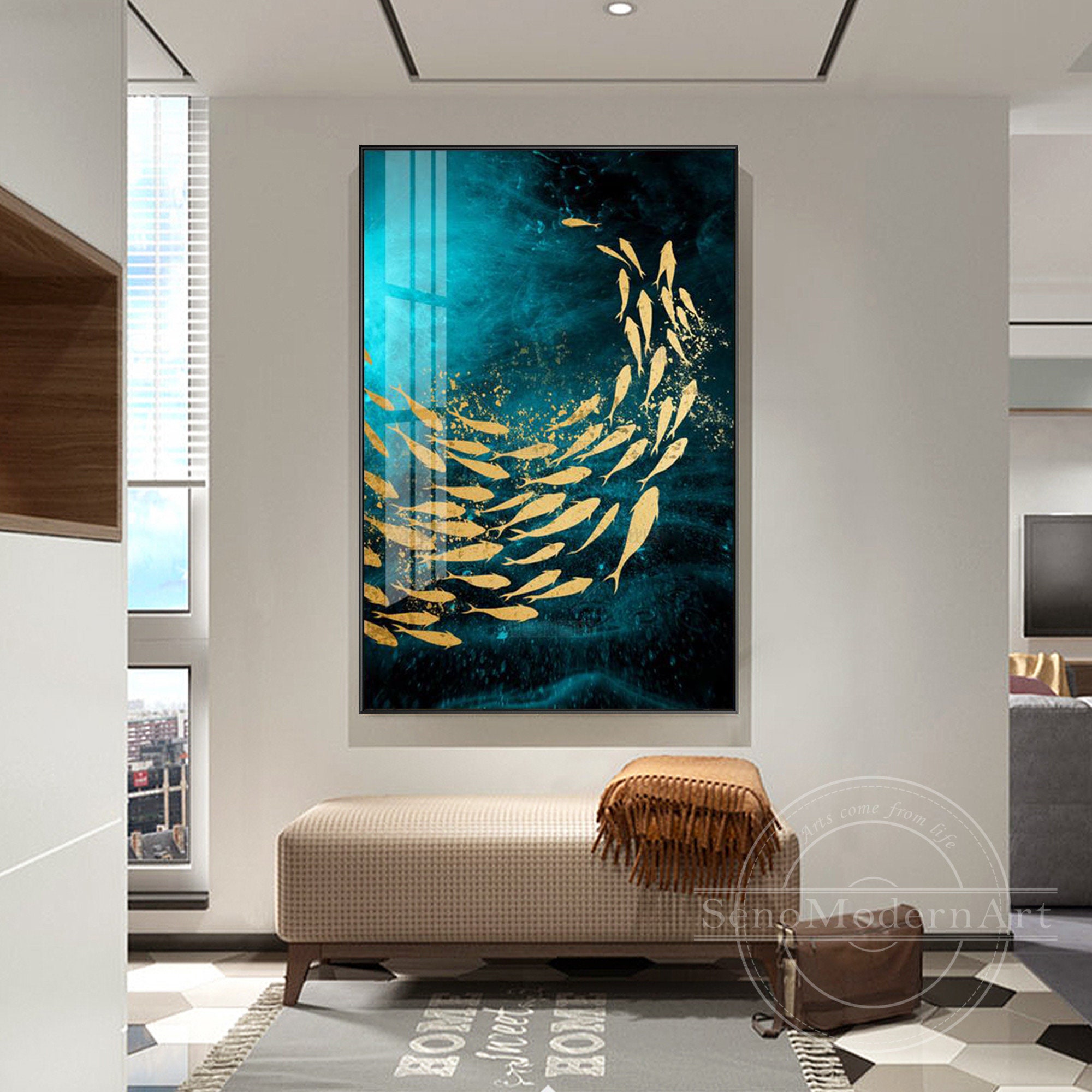 School of Fish Art Gold Fish Painting Abstract Fish Framed Wall Art ...