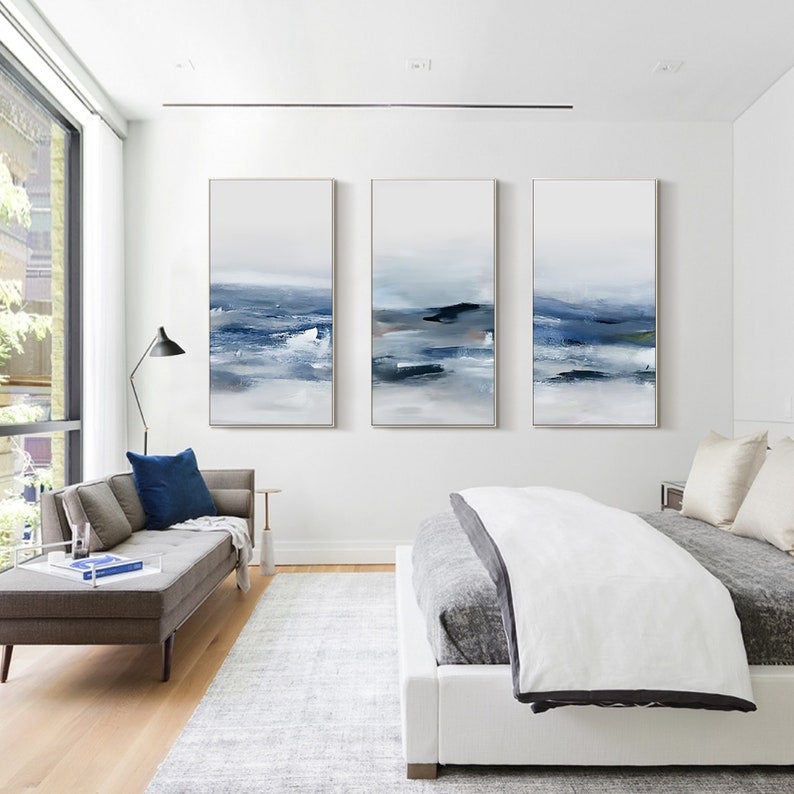 Set of 3 Framed Wall Art Abstract Steel Blue White Seascape - Etsy