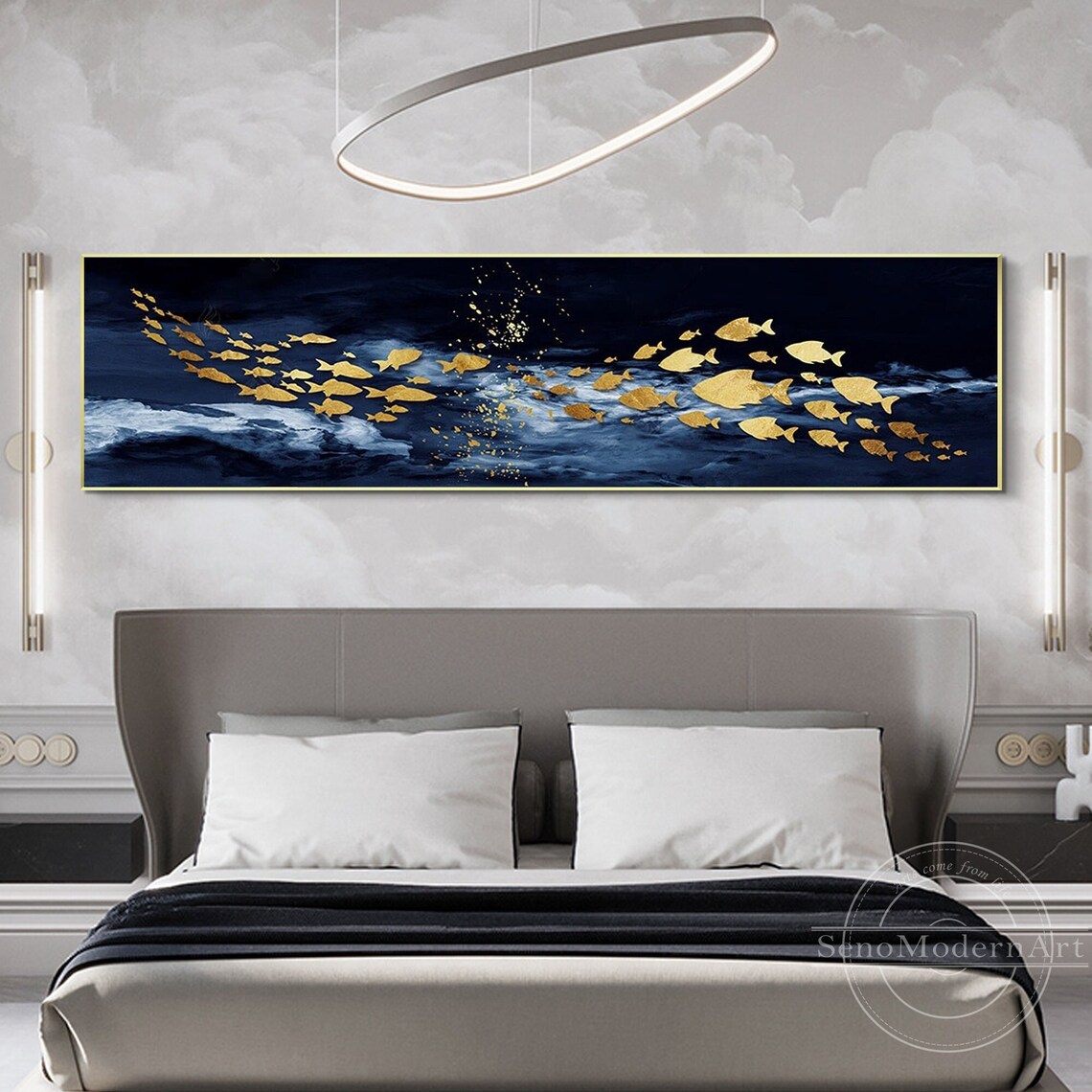 Navy Blue Hand Painted Abstract Gold Fish Painting Long Narrow Ocean ...