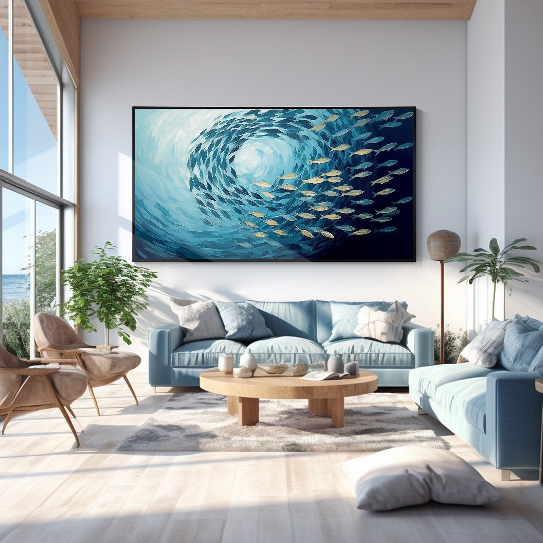 School of Fish Blue Gold Fish Abstract Painting Horizontal Fish Texture ...