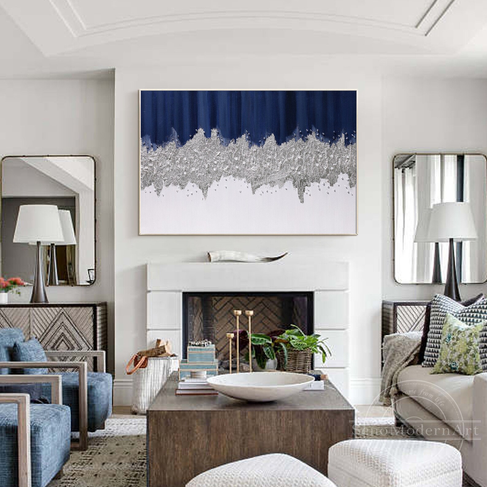 Crystal Navy Blue Abstract Painting Silver Leaf Modern - Etsy