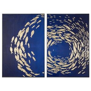 Set of 2 Blue Gold Foil Fish Abstract Painting Original School Fish ...