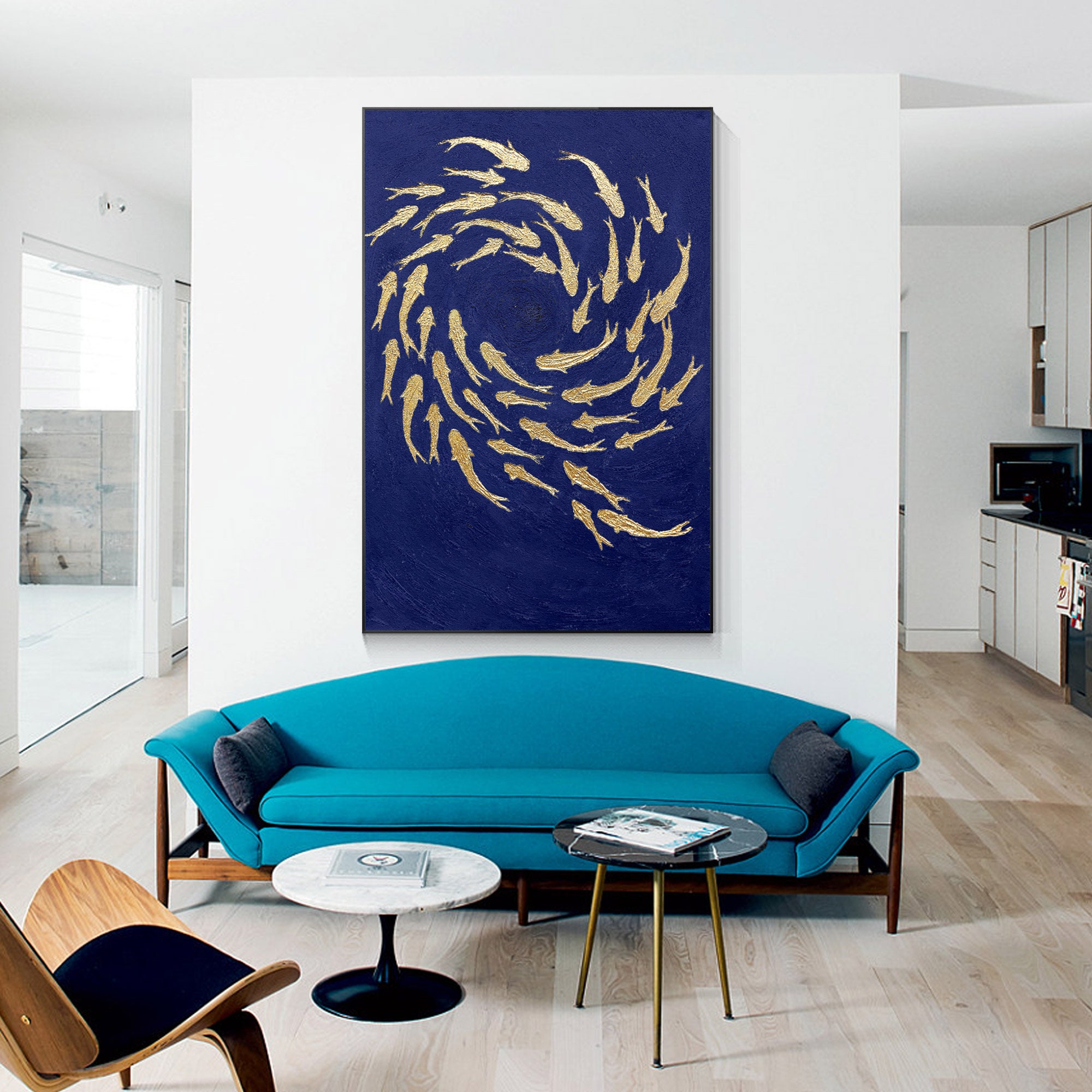 Gold Foil Fish Painting, Dark Blue Textured Abstract Art, Hand Painted ...