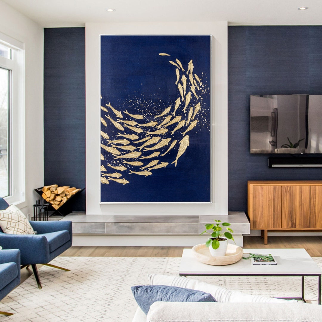 Gold Foil Fish Abstract Painting, Dark Blue 3D Textured School of Fish ...
