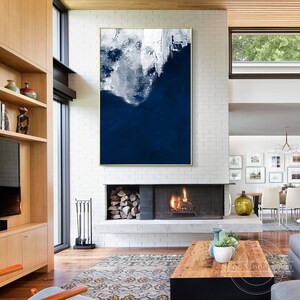 Large Navy Blue Silver Painting Rectangular Gray Modern Abstract Framed ...