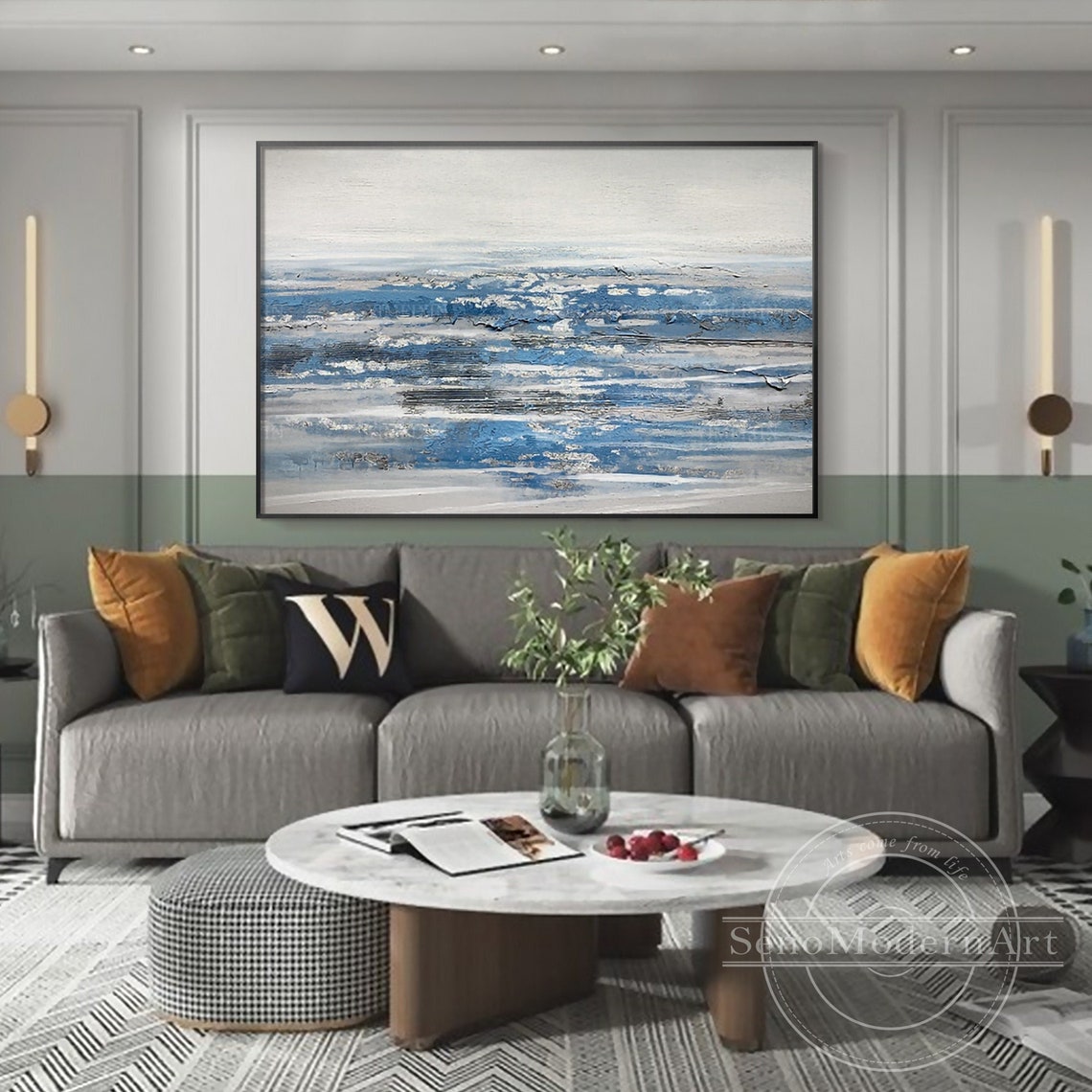 Light Sky Blue Gray Painting Modern Abstract Framed Wall Art Ocean Hand ...