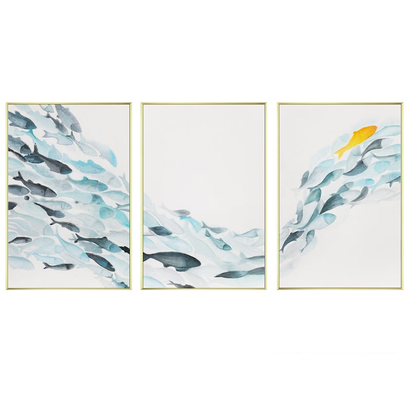 School of Fish Art,3 Pieces Light Blue Yellow Fish Painting on Canvas ...