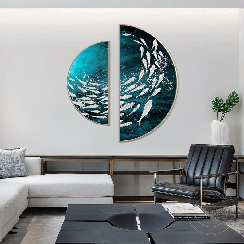 Set of 2 Silver Fish Painting Ocean Wall Art Half Round - Etsy
