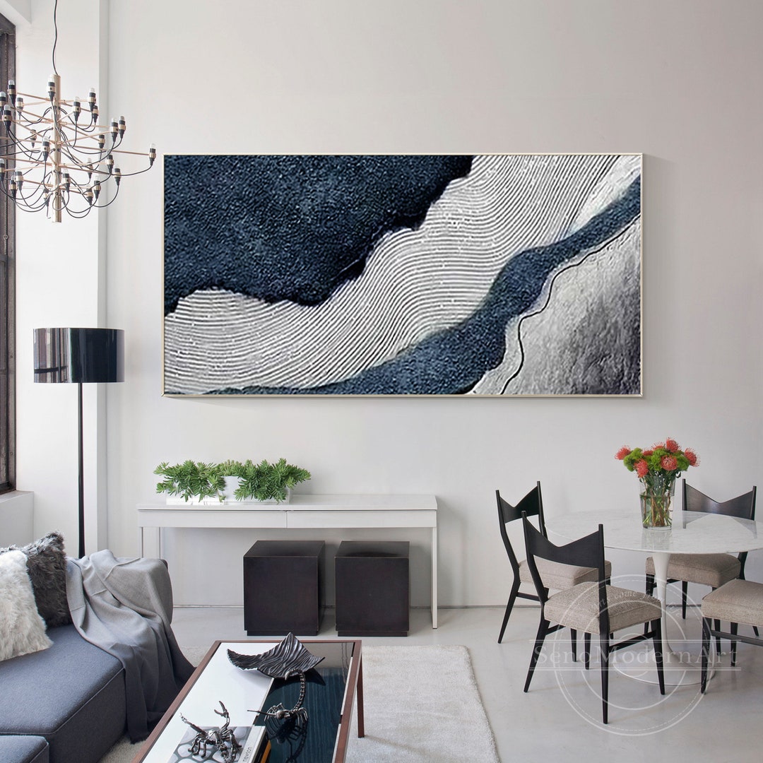 Navy Blue Gray Abstract Ocean Painting Horiztonal Dark Blue 3D Plaster ...