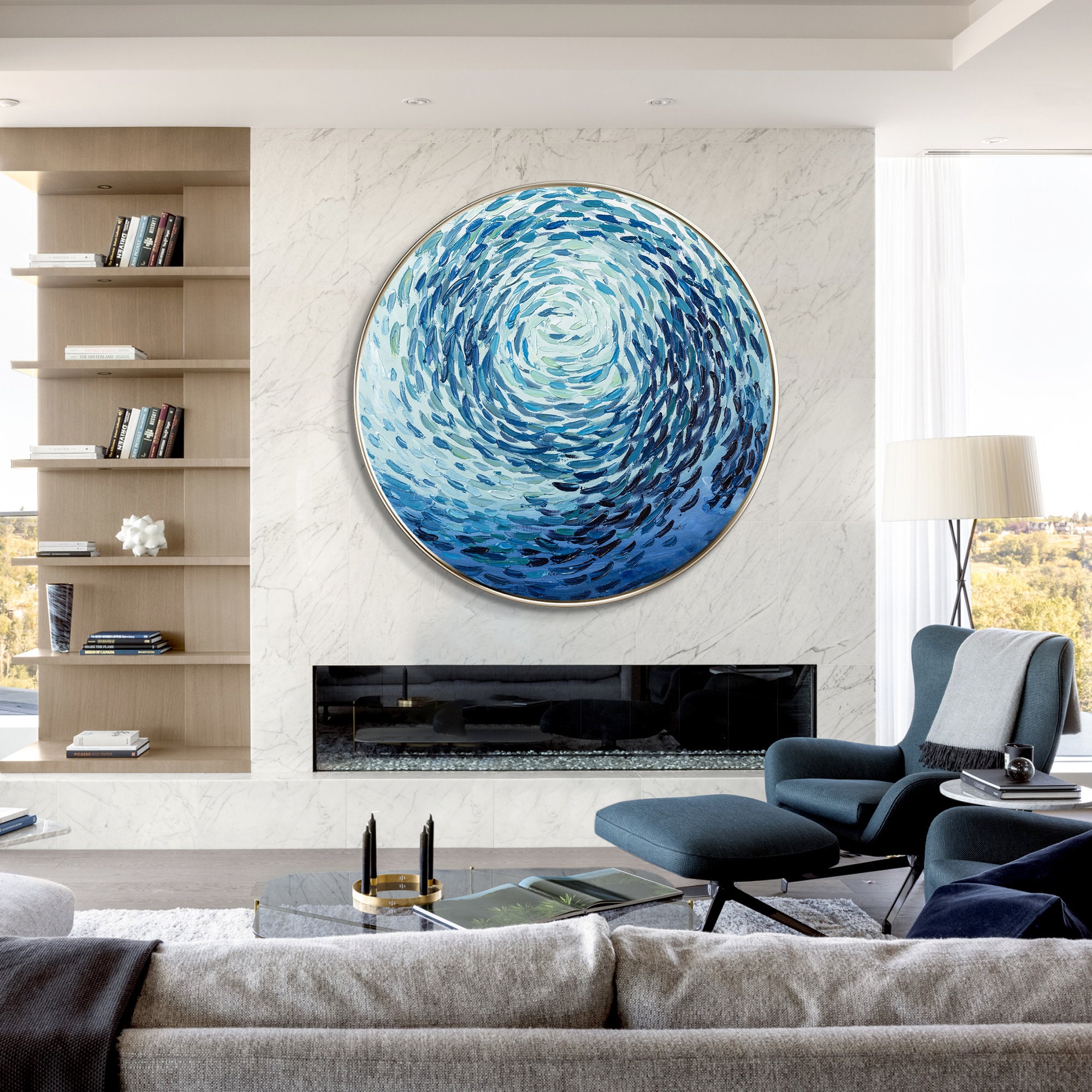 School of Fish Round Painting, Blue Abstract Oil Canvas, Textured Hand ...