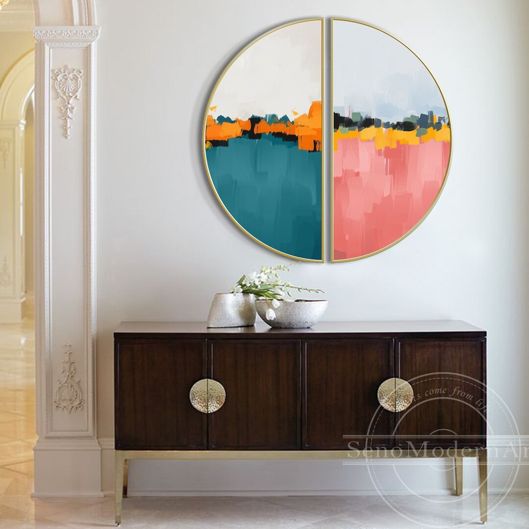 Blue Pink Round Art Abstract Painting Set of 2 Framed Wall Art Original ...
