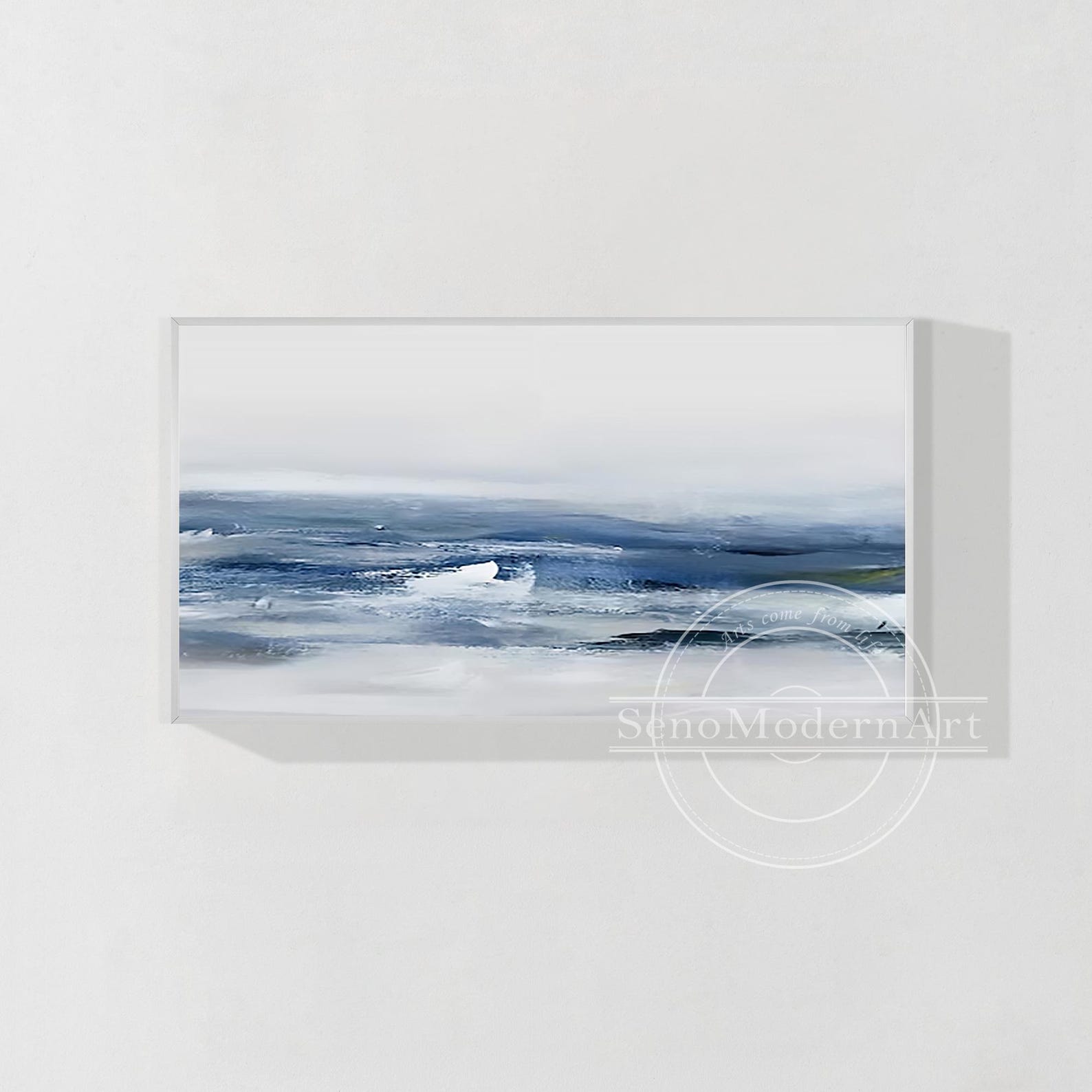 Textured Ocean Painting: Gray Blue Abstract Seascape, Framed Coastal ...