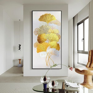 Gold Ginkgo Leaves Painting Hand Painted Textured Art White Abstract ...