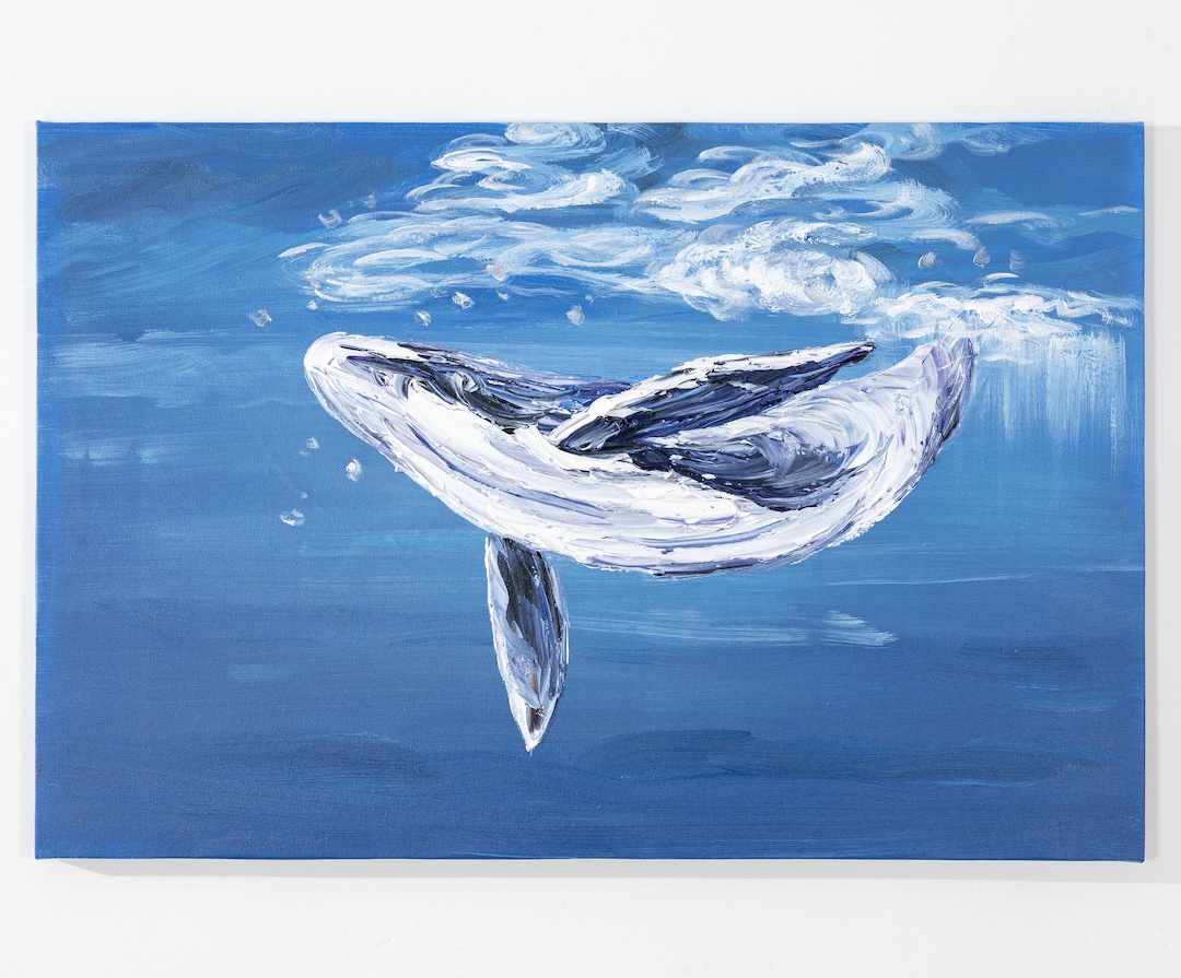 Whale Painting Blue Ocean Art Original Oil Painting Whale Jump Out of Water Framed Wall Art ...