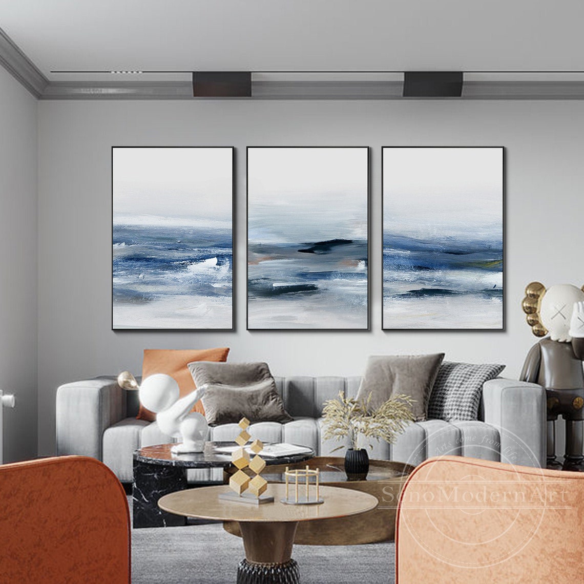 Set of 3 Framed Wall Art Abstract Steel Blue White Seascape - Etsy