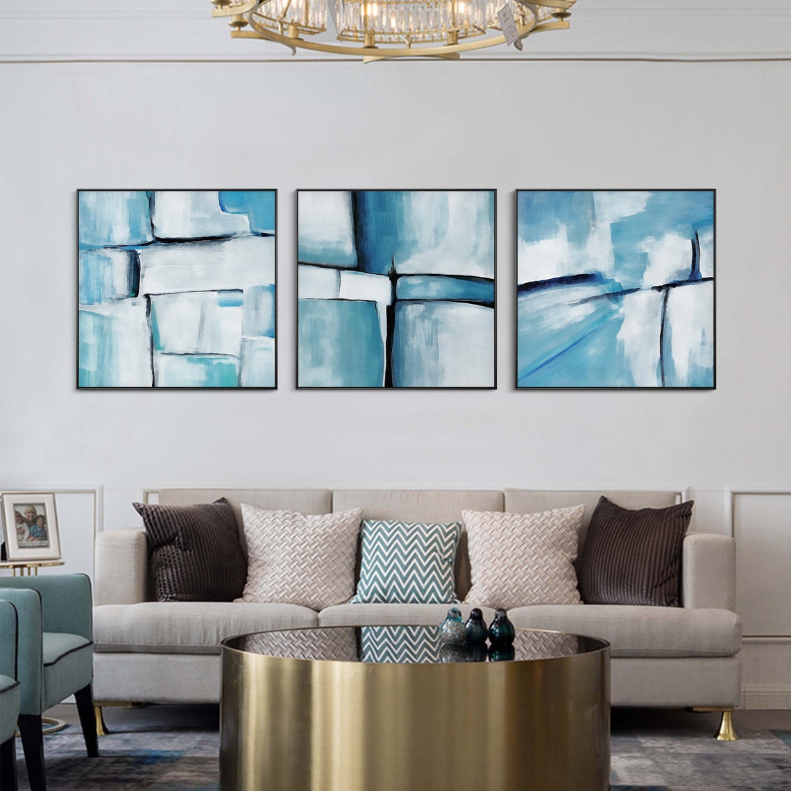 Set of 3 Light Blue Abstract Art Hand Painting Blue - Etsy