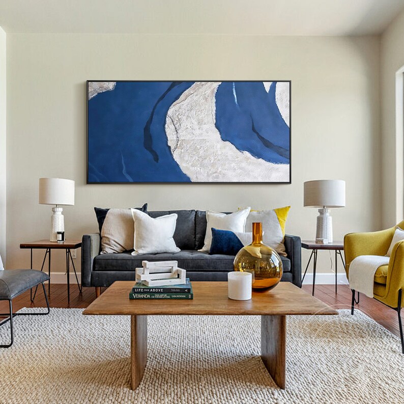 Blue Modern Abstract Art Oil Painting Navy Blue Gray Framed - Etsy