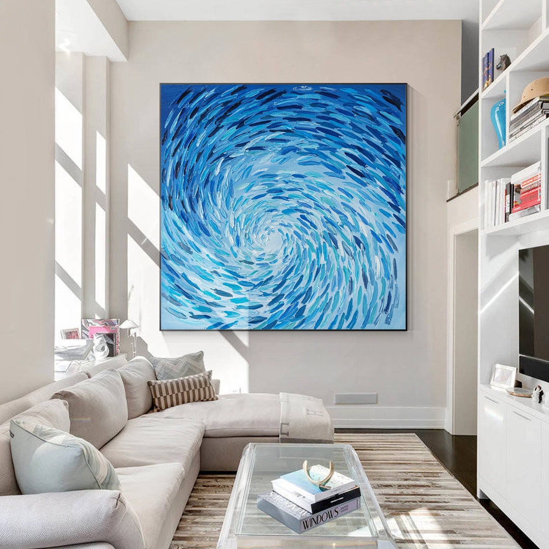 Blue School of Fish Abstract Painting, Textured Circle Canvas Wall Art ...