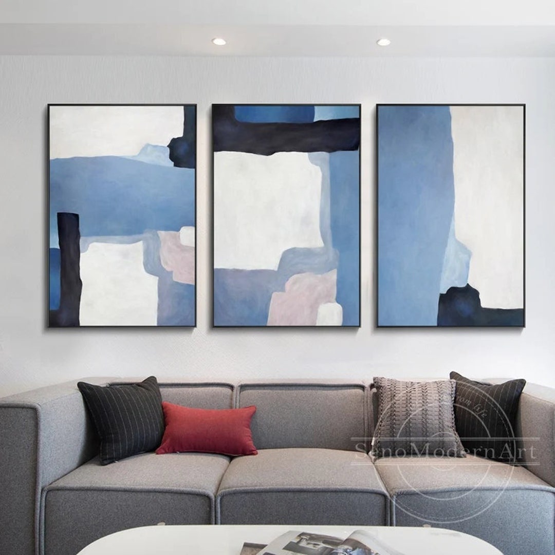 Set of 3 Framed Wall Art Abstract Geometric Navy Blue Black and White ...