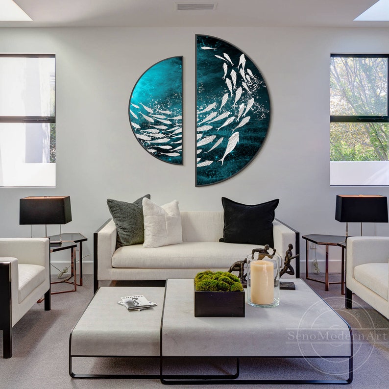 Set of 2 Silver Fish Painting Ocean Wall Art Half Round - Etsy