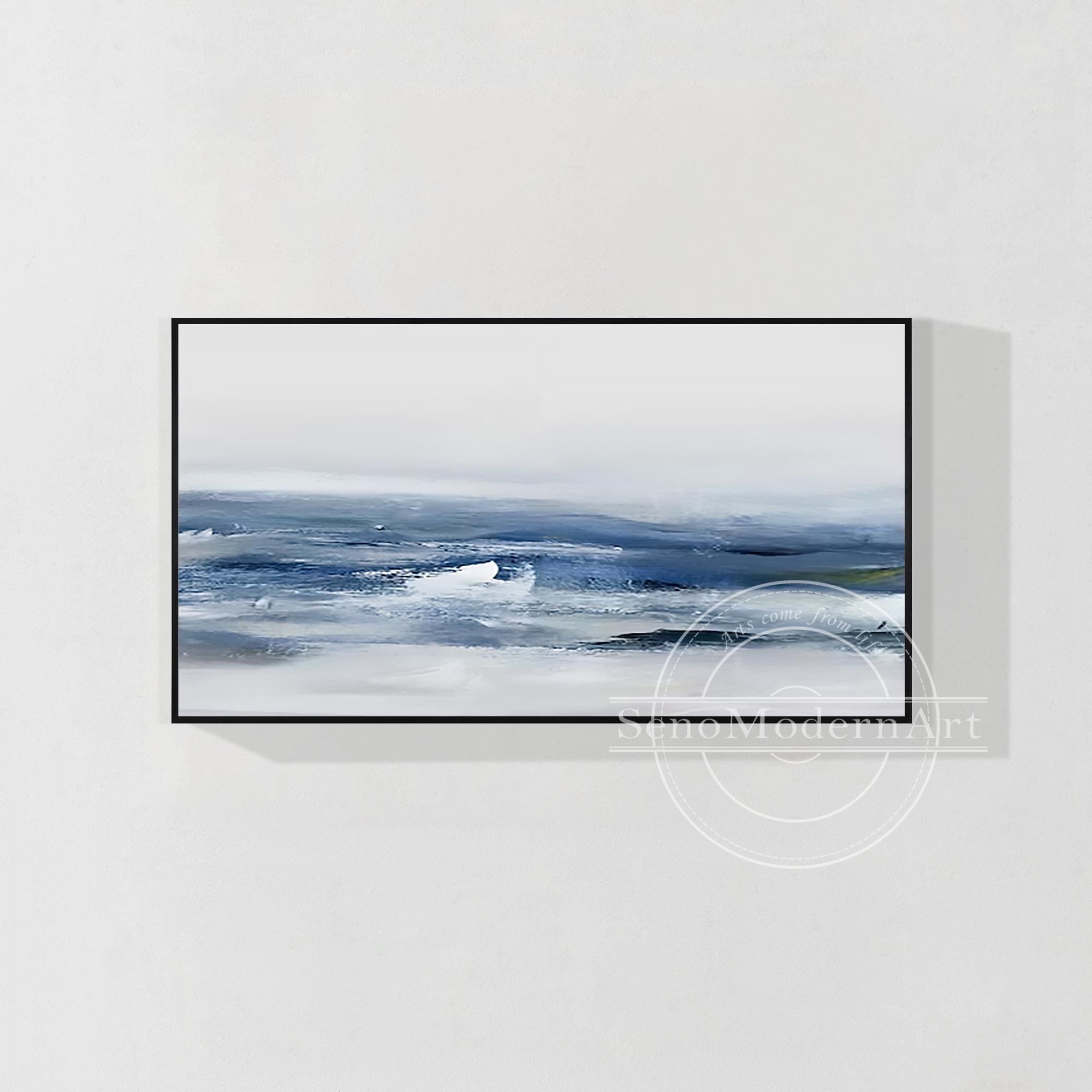 Textured Ocean Painting: Gray Blue Abstract Seascape, Framed Coastal ...
