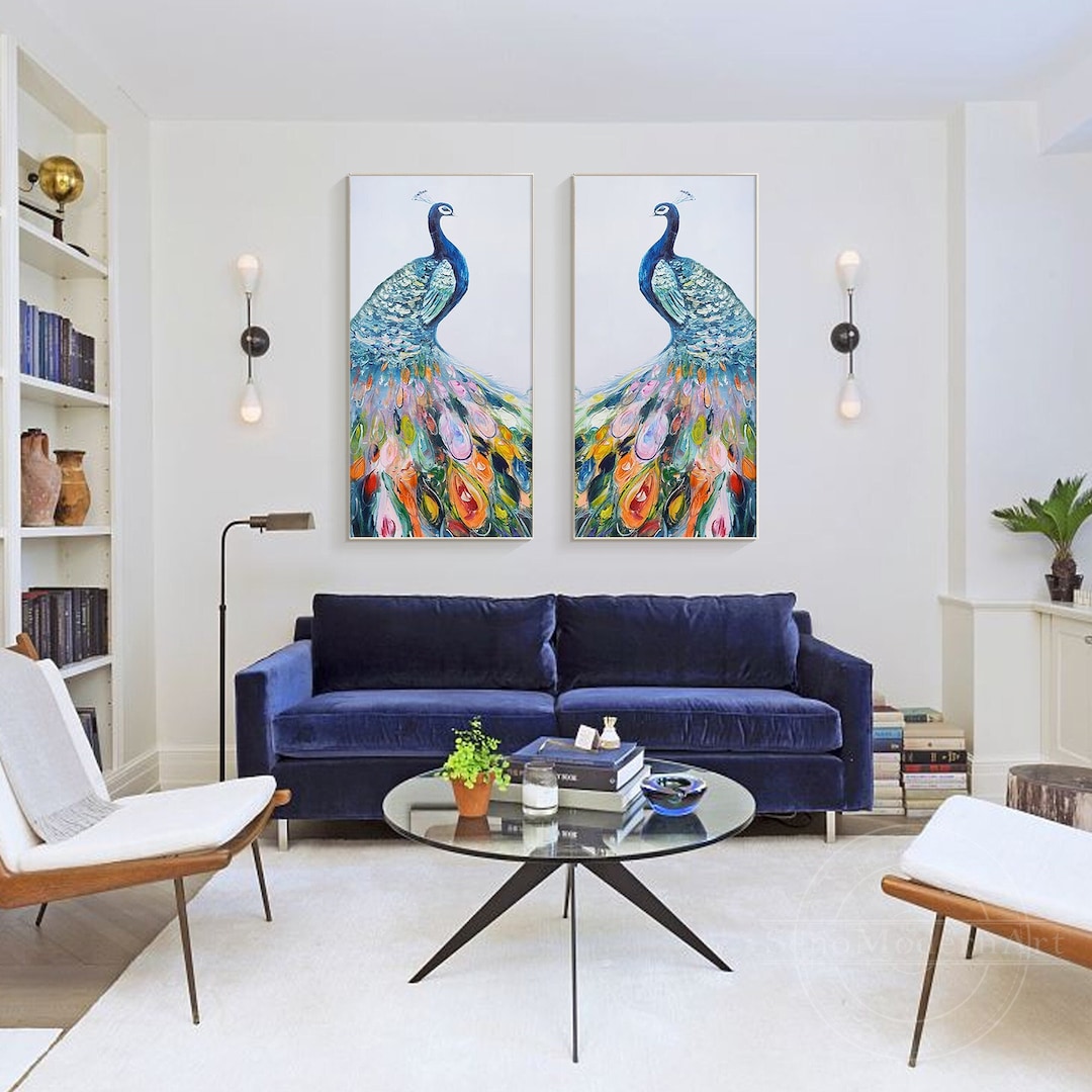 Colorful Peacock Painting Set of 2 Original Abstract Painting Framed ...