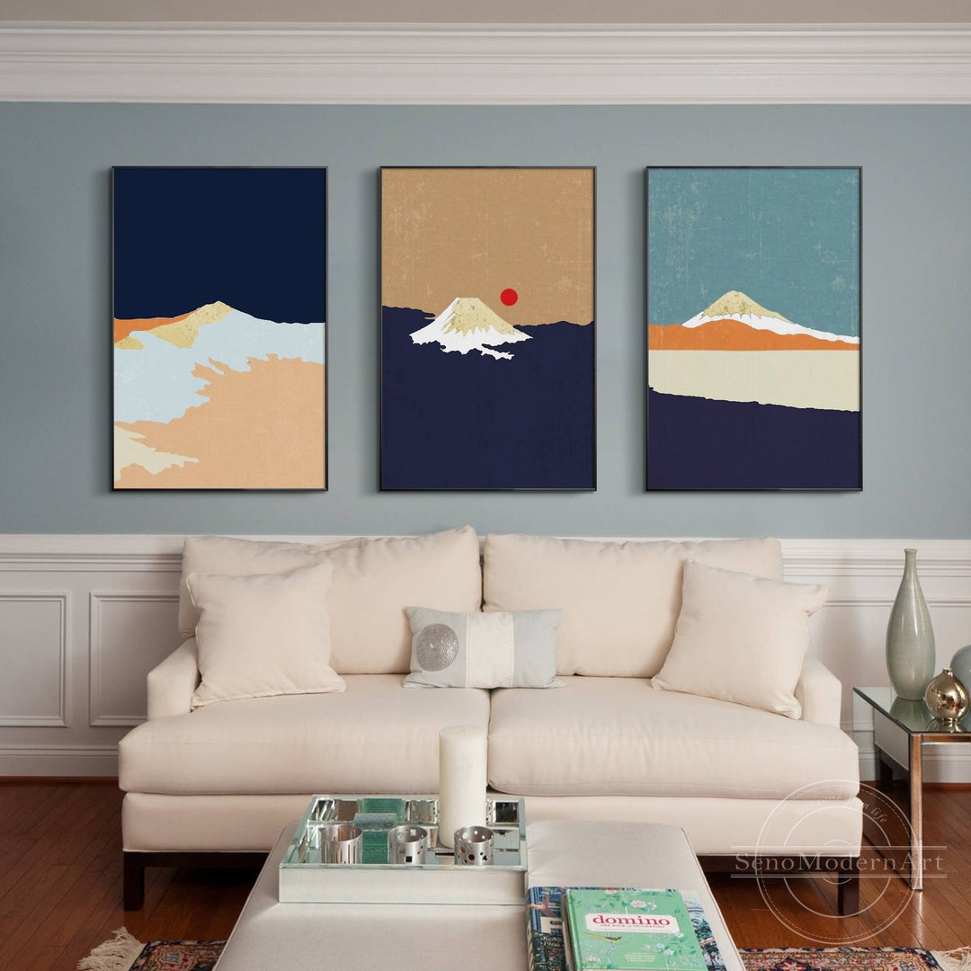 Set of 3 Mountain Landscape Wall Art Abstract Navy Blue Painting ...