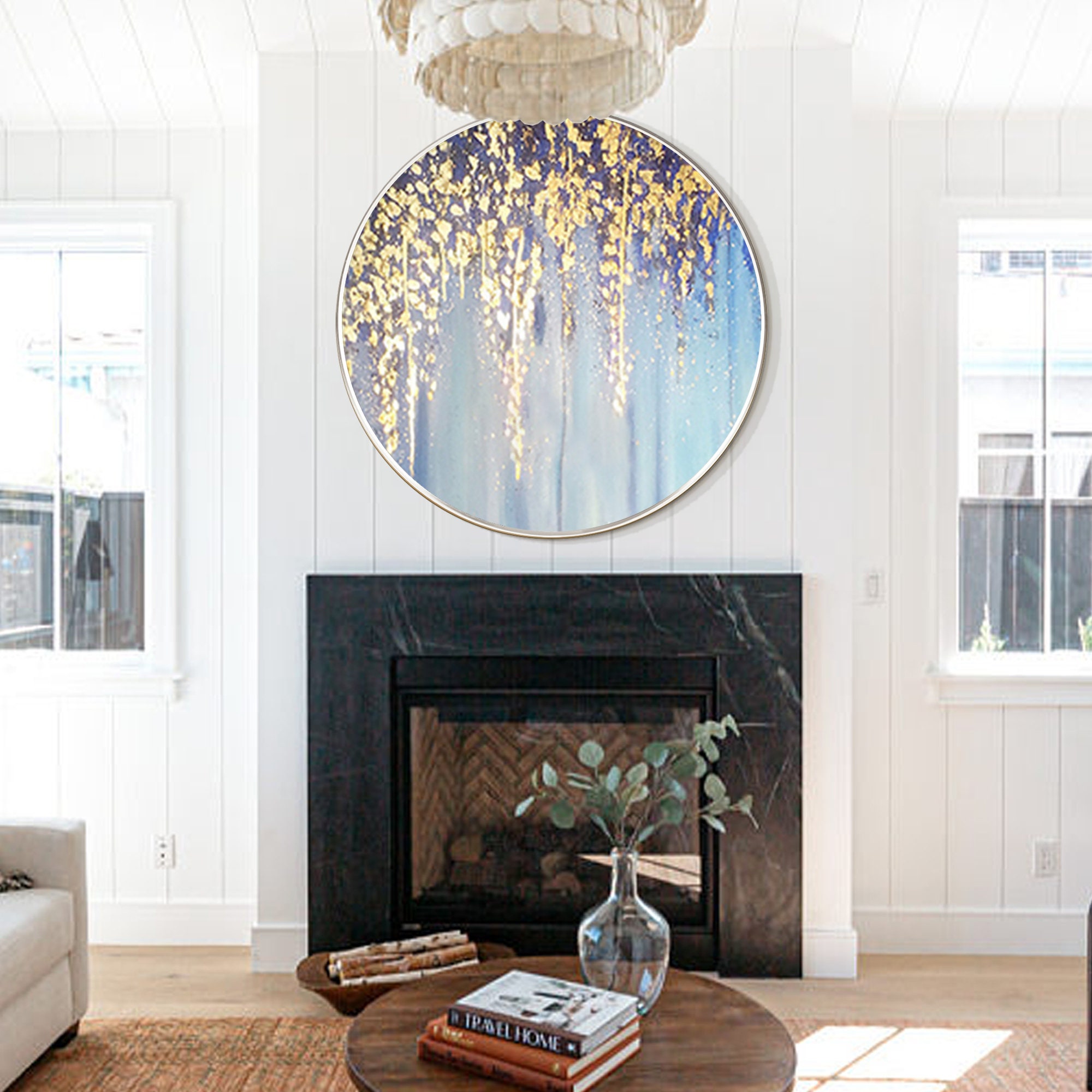 Falling Gold Painting Blue Abstract Wall Art Gold Leaf Round - Etsy