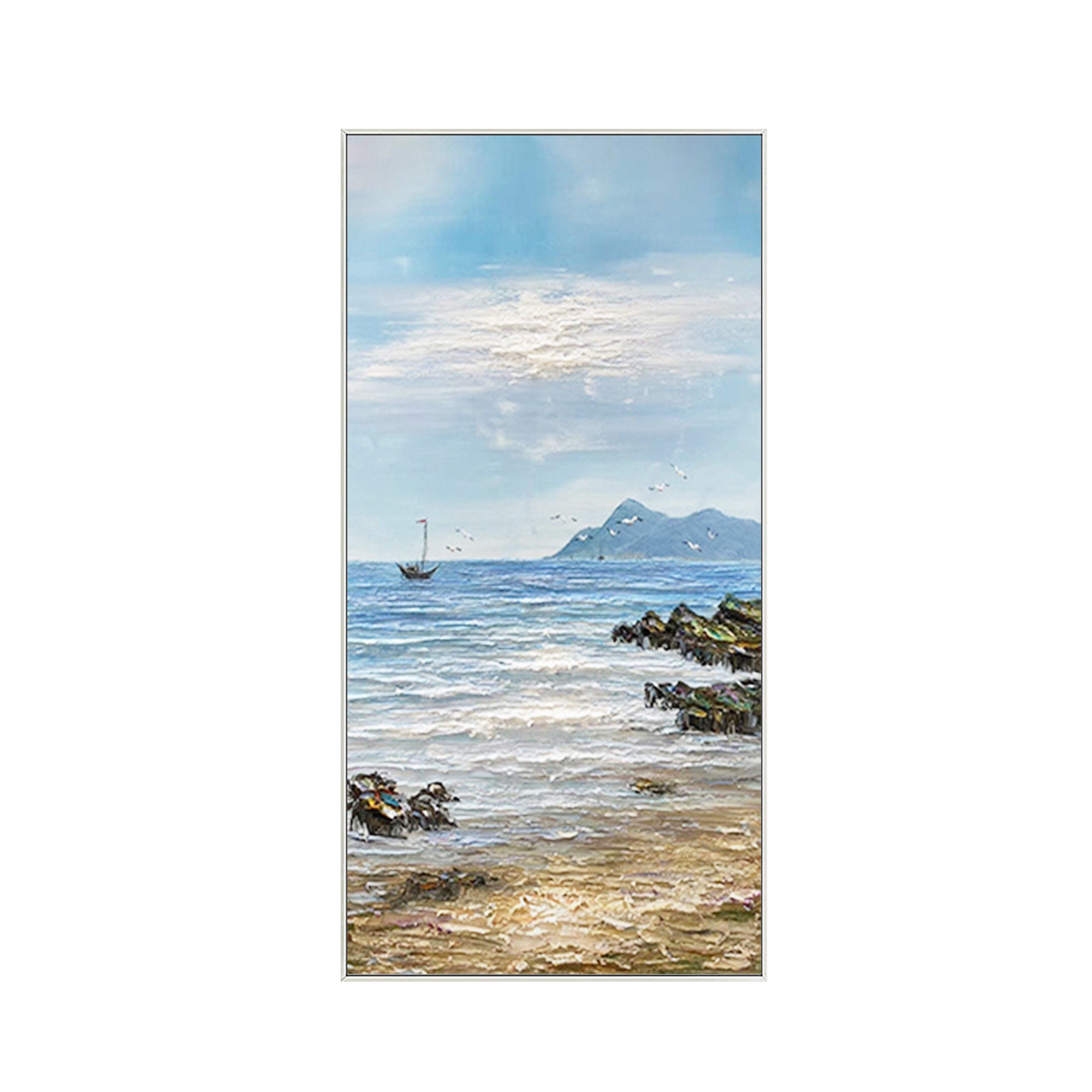 Sea Rock Beach Painting Heavy Texture Blue Sky Seagull Sailing | Etsy