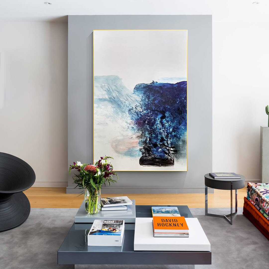 Blue Abstract Mountain Painting on Canvas Textured Wall Art Blue ...