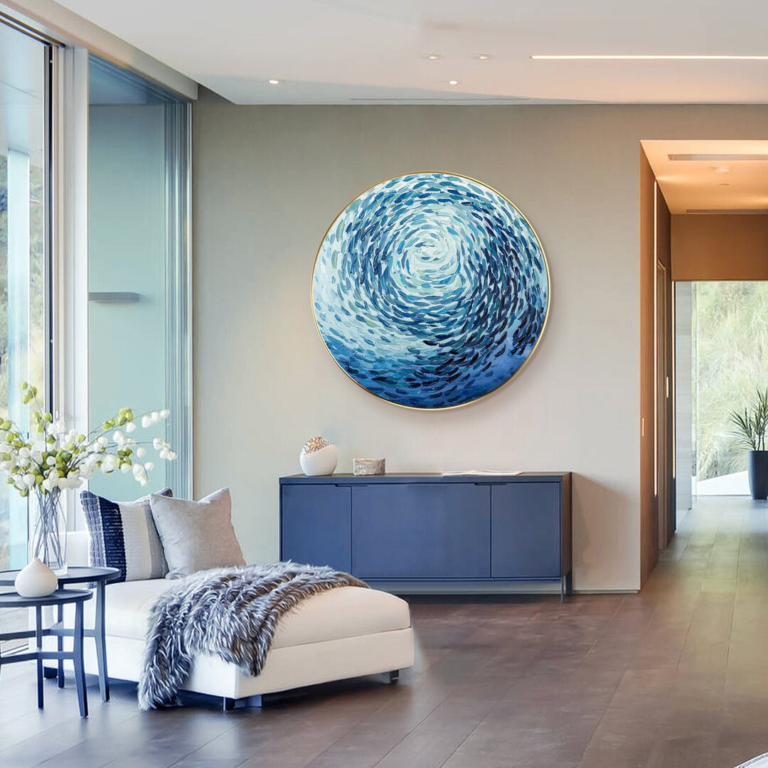 School of Fish Round Art, Blue Ocean Fish Surround Abstract Painting ...