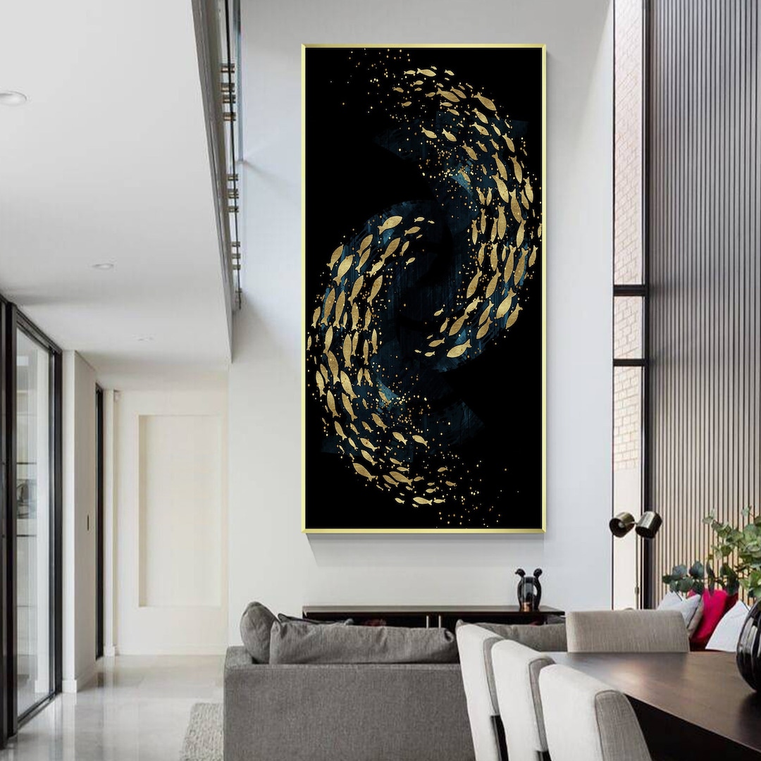 Gold Foil Fish Painting: Black Abstract Art, Framed Wall Decor - Etsy
