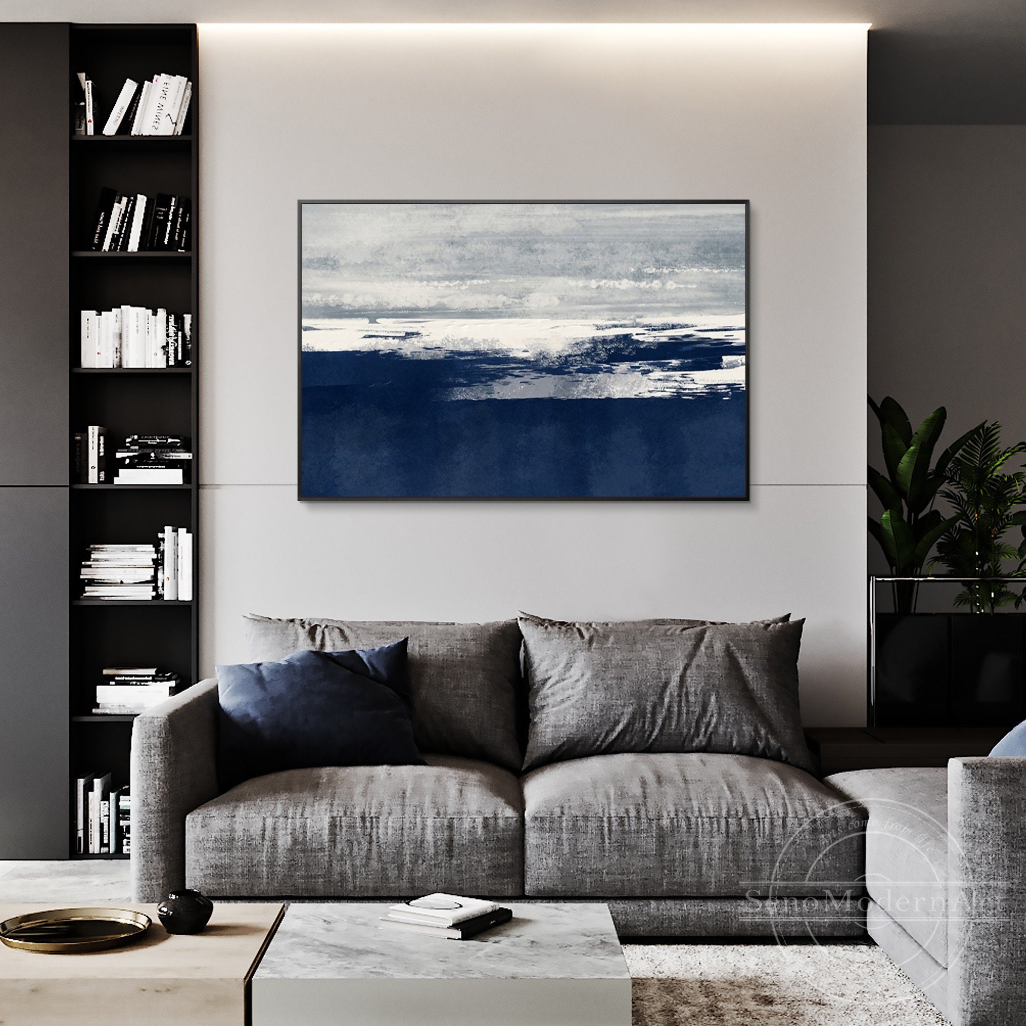 Navy Blue Painting Silver Textured Art Minimalist Abstract Framed Wall ...