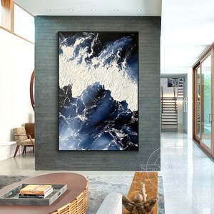 Sea Wave Painting 3D Textured Ocean Art White Navy Blue Riptide Art Seascape Wall Art Textured ...