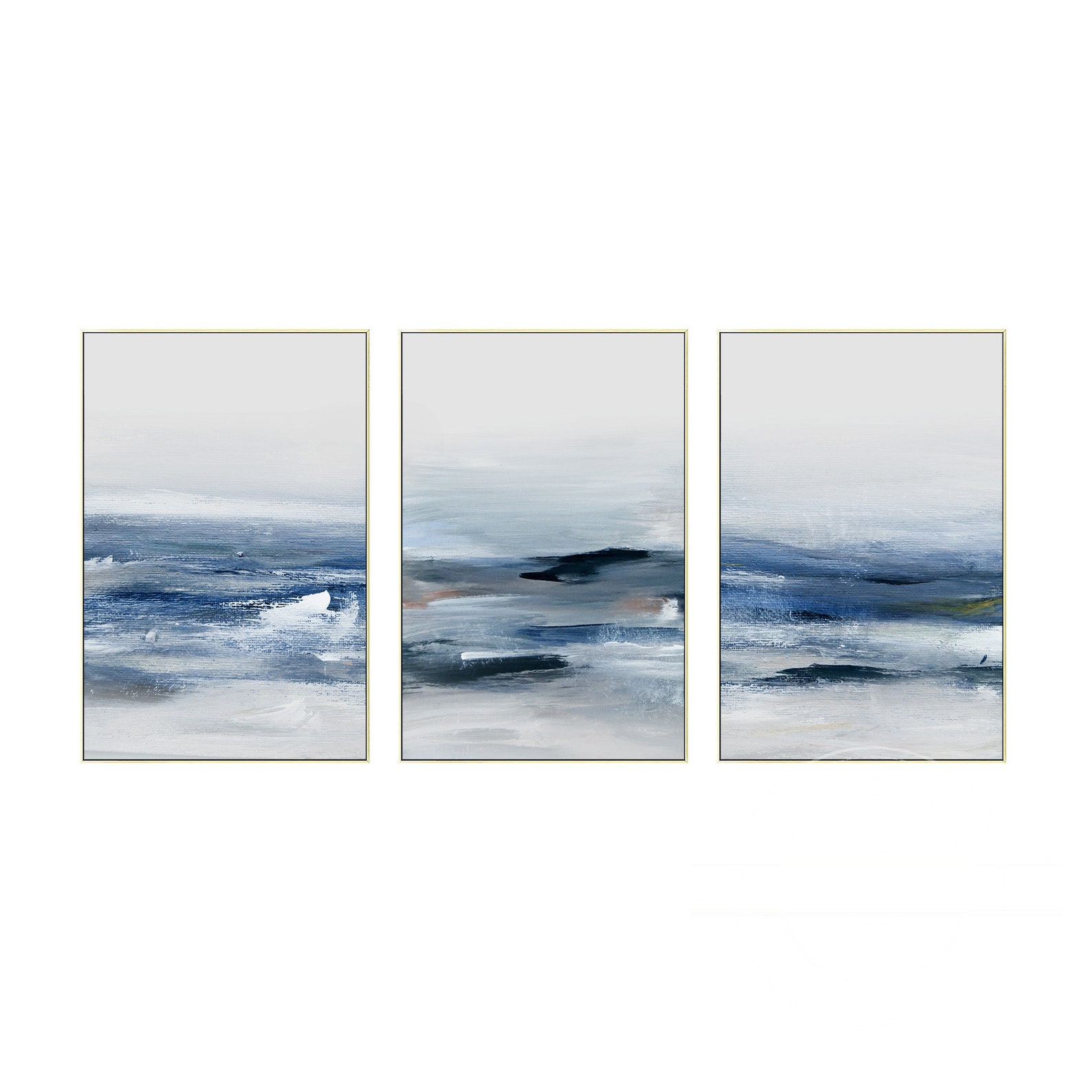 Set of 3 Framed Wall Art Abstract Steel Blue White Seascape Ocean ...