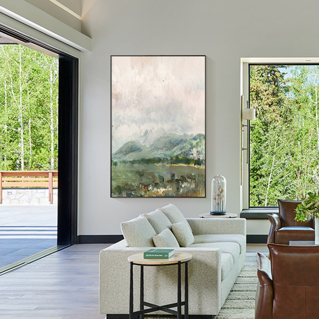 Green Abstract Landscape Painting: Textured Acrylic Art, Vintage Wall ...