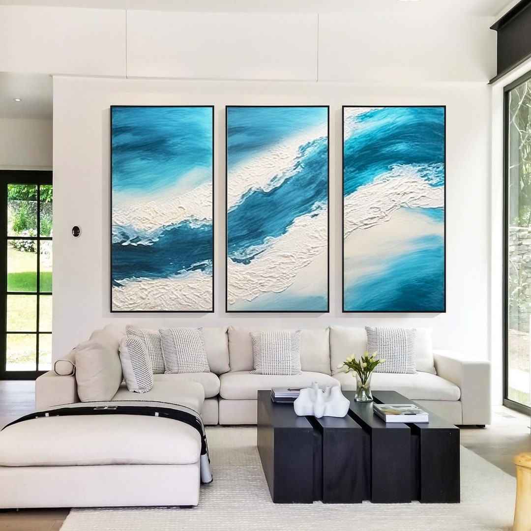 Set of 3 Blue Abstract Ocean Wave Wall Art Abstract Seascape Wall Art ...