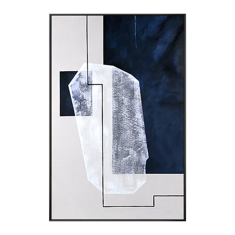 Navy Blue Geometric Painting Dark Blue Rectangle White Abstract Wall ...
