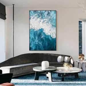 Sea Wave Painting 3D Textured Art Teal Blue Riptide Abstract Wall Art White Texture Handmade ...