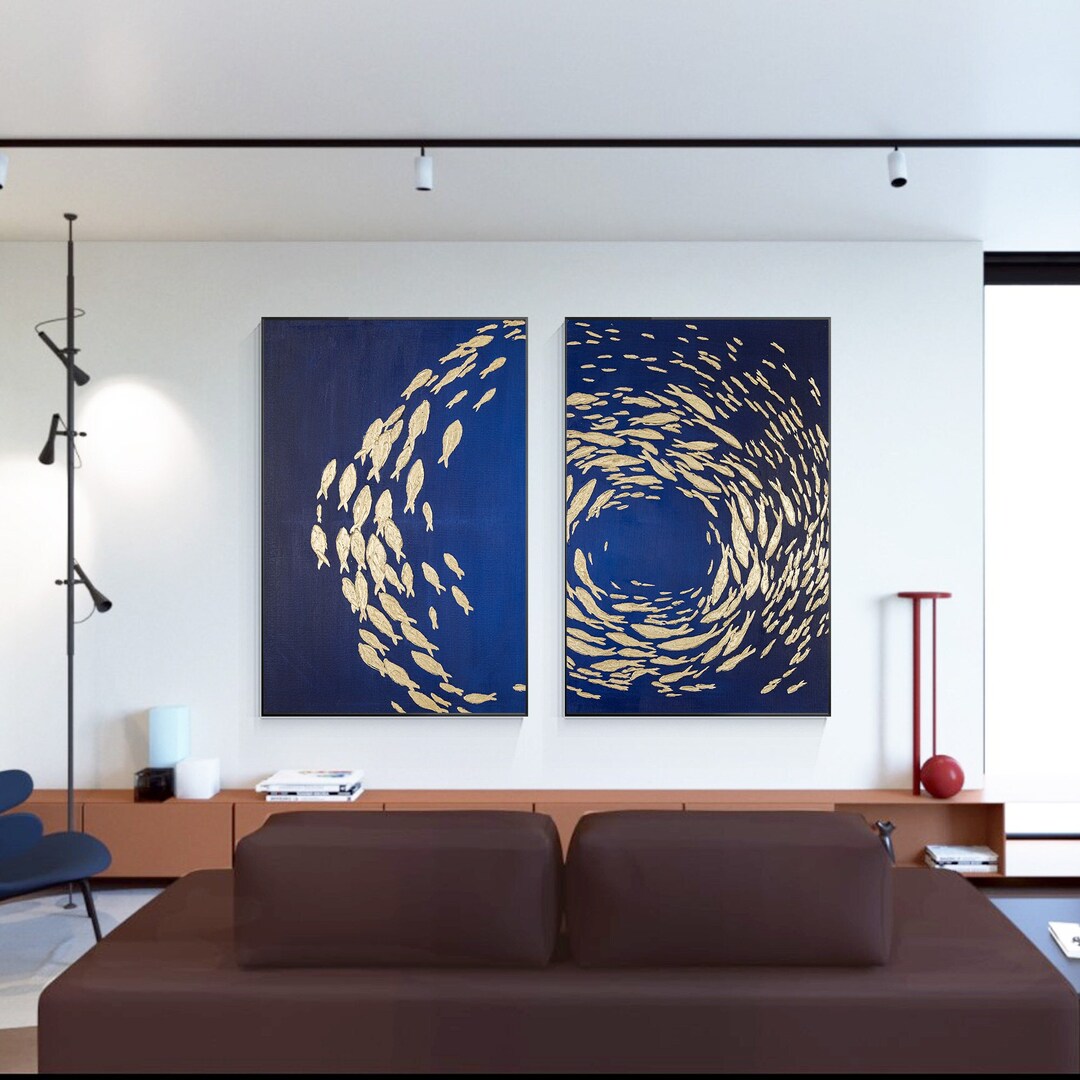 Set of 2 Blue Gold Foil Fish Abstract Painting Original School Fish ...